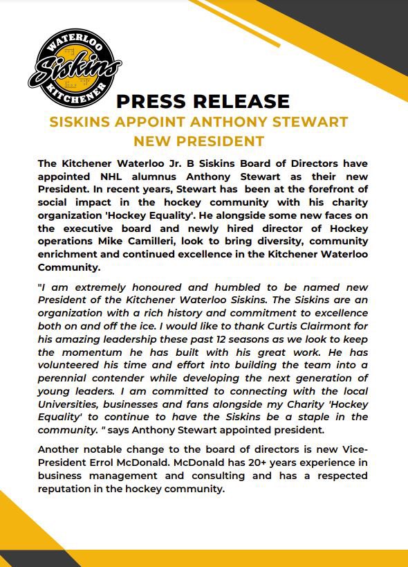 Anthony Stewart announced as new President of K-W Siskins