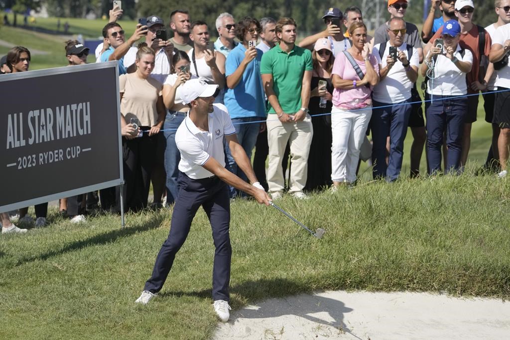 Novak Djokovic takes his tennis racket onto the 1st tee of golf's Ryder ...